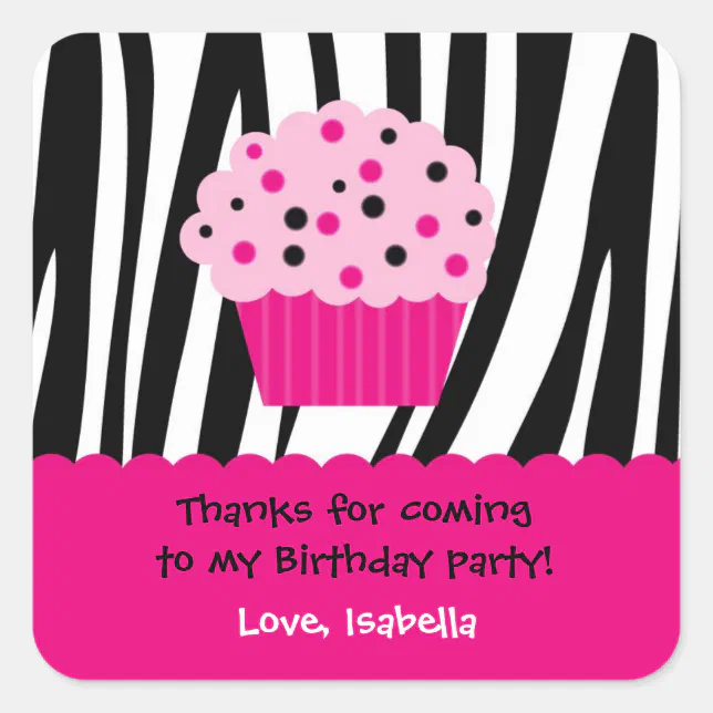 Cupcake Zebra Print Birthday Party Favor Stickers | Zazzle