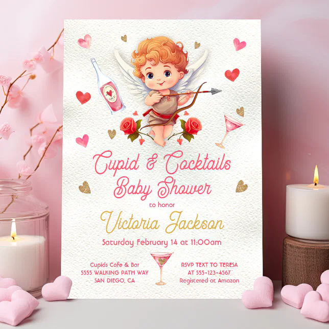 Cupid and Cocktails Valentine's Day Baby Shower Invitation | Zazzle