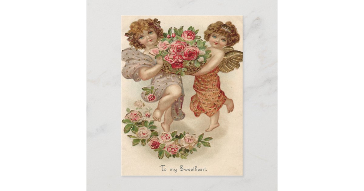 Cupid Cherub Angel Basket Roses Rose Postcard | Zazzle