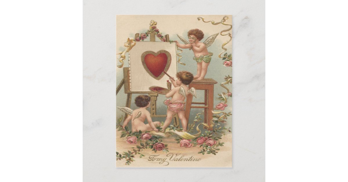 Cupid Heart Painting Roses Rose Postcard | Zazzle