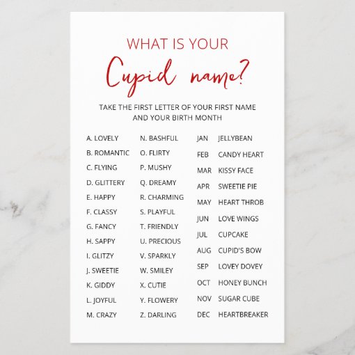 Cupid Name Game Valentine's day Party game | Zazzle