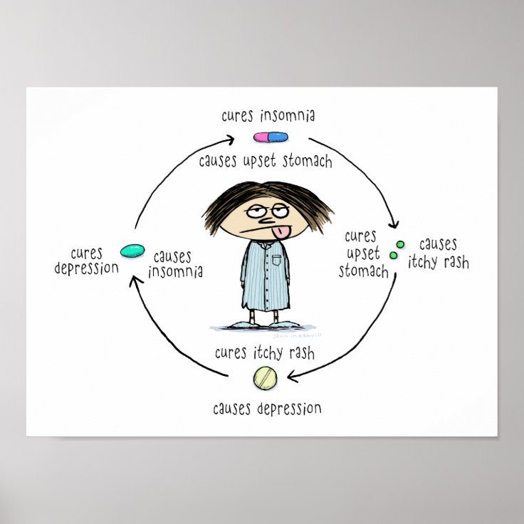 Cures and Causes | Medication Side Effects Cartoon Poster | Zazzle