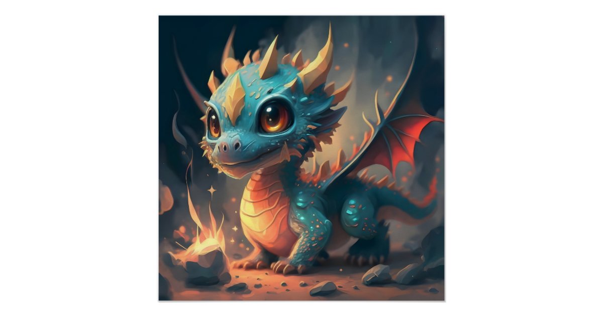 Curious Blue Chibi Dragon Poster | Zazzle