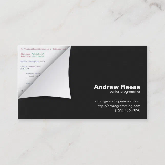 Curled Corner with Program Coding - C++ Business Card | Zazzle