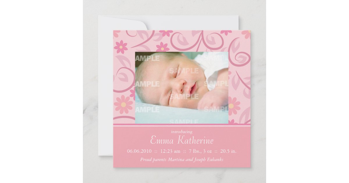 Curly Pink Floral Baby Announcement | Zazzle