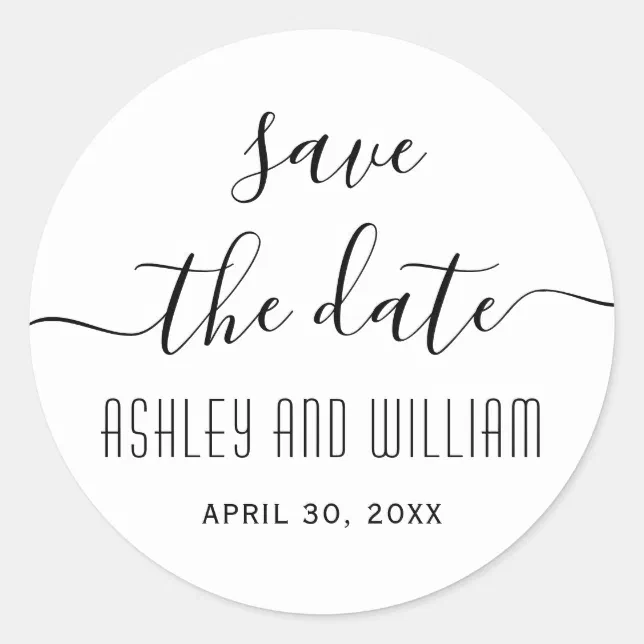 Cursive script calligraphy wedding Save the Date Classic Round Sticker ...