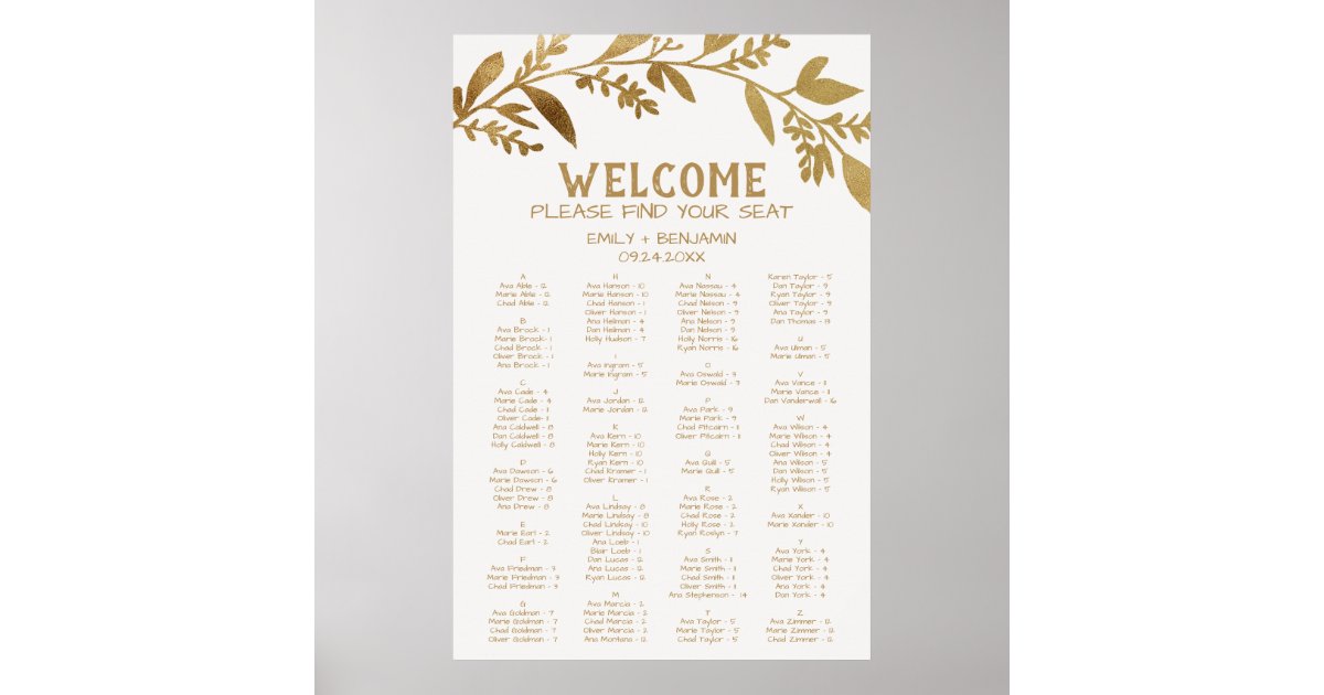Curved Branch Gold Alphabetical Seating Chart | Zazzle