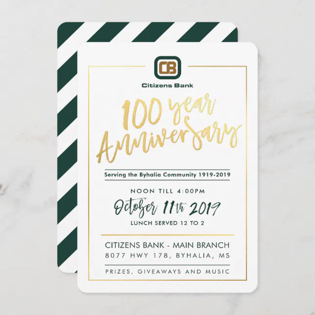 CUSTOM 100 year ANNIVERSARY PARTY - Citizens Bank Invitation | Zazzle