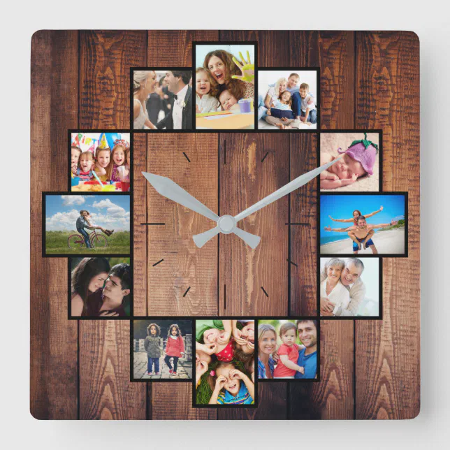 Custom 12 Family Friends Photo Collage Rustic Square Wall Clock | Zazzle
