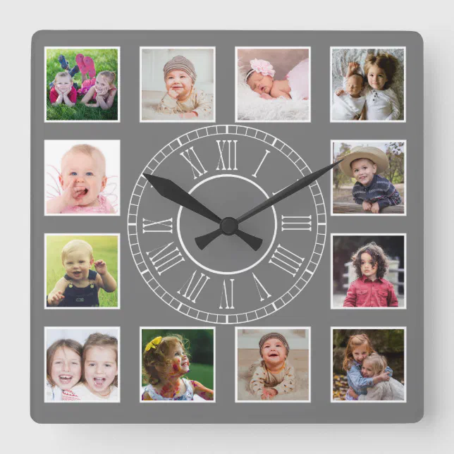 Custom 12 Family Photo Collage Gray Roman Numeral Square Wall Clock ...