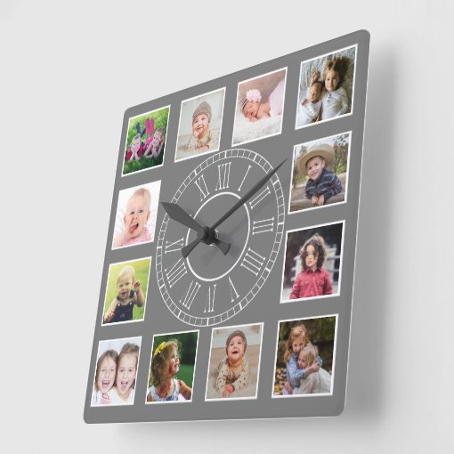 Custom 12 Family Photo Collage Gray Roman Numeral Square Wall Clock ...
