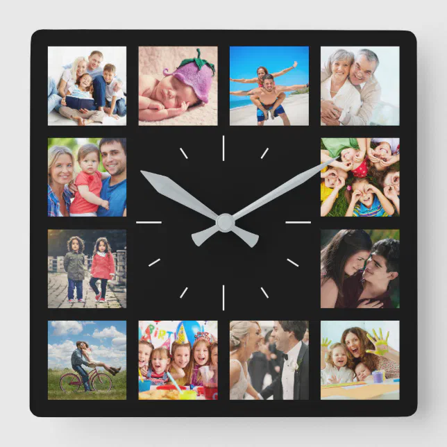 Custom 12 Family Photo Collage Keepsake Memories Square Wall Clock | Zazzle