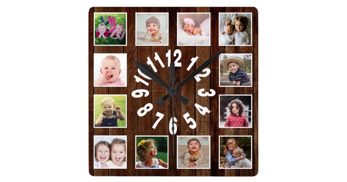 Custom 12 Photo Collage Frame Pallet Wood Square Wall Clock | Zazzle.com