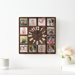Custom 12 Photo Collage Frame Pallet Wood Square Wall Clock | Zazzle