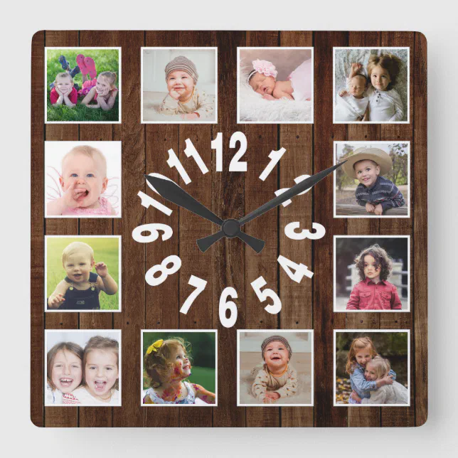 Custom 12 Photo Collage Frame Pallet Wood Square Wall Clock | Zazzle