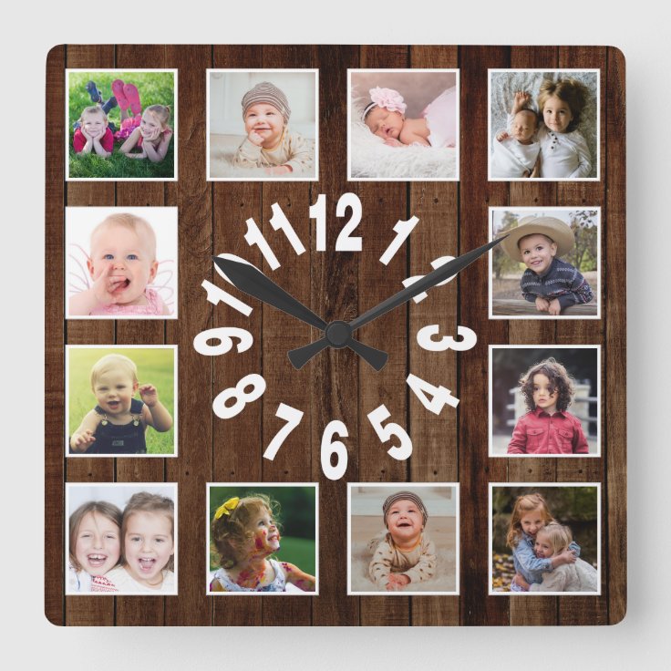 Custom 12 Photo Collage Frame Pallet Wood Square Wall Clock | Zazzle