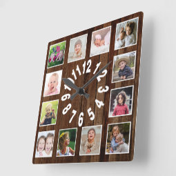 Custom 12 Photo Collage Frame Pallet Wood Square Wall Clock | Zazzle