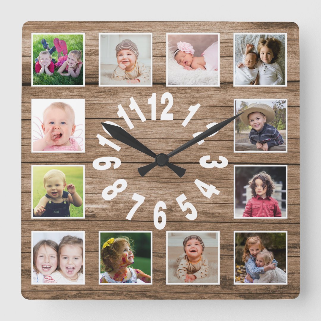Custom 12 Photo Collage Frame Reclaimed Wood Square Wall Clock | Zazzle