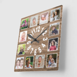 Custom 12 Photo Collage Frame Reclaimed Wood Square Wall Clock | Zazzle