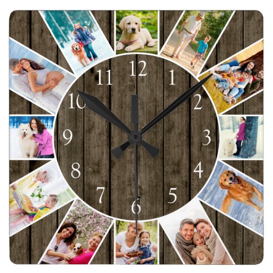 Custom 12 Photo Collage Rustic Dark Wood Square Wall Clock | Zazzle.com