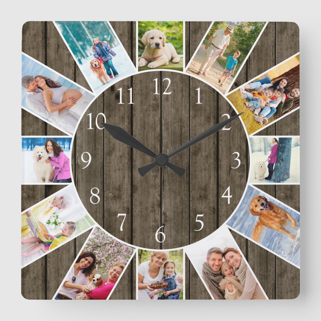Custom 12 Photo Collage Rustic Dark Wood Square Wall Clock | Zazzle
