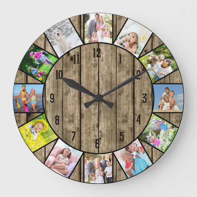 Custom 12 Photo Collage Rustic Natural Wood Round Large Clock | Zazzle