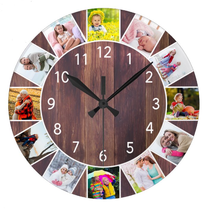 Custom 12 Photo Collage Warm Wood Round Large Clock | Zazzle