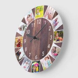 Custom 12 Photo Collage Warm Wood Round Large Clock | Zazzle