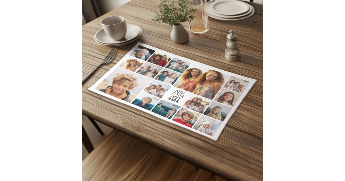 Custom 17 Photo Collage - Black - white text Cloth Placemat | Zazzle