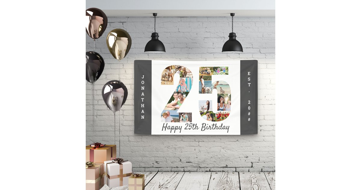 Custom 25th Birthday Party Neutral Photo Collage Banner | Zazzle