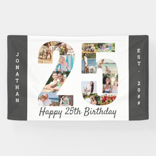 Custom 25th Birthday Party Neutral Photo Collage Banner | Zazzle