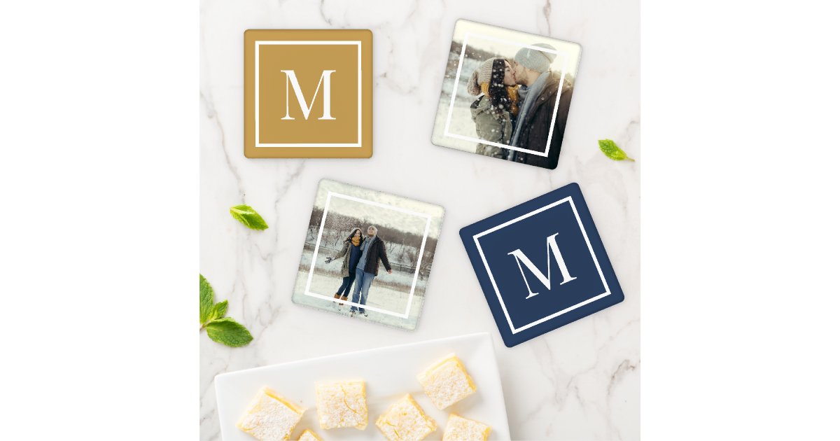 Custom 2 Photo and Monogram Editable Colors Coaster Set | Zazzle