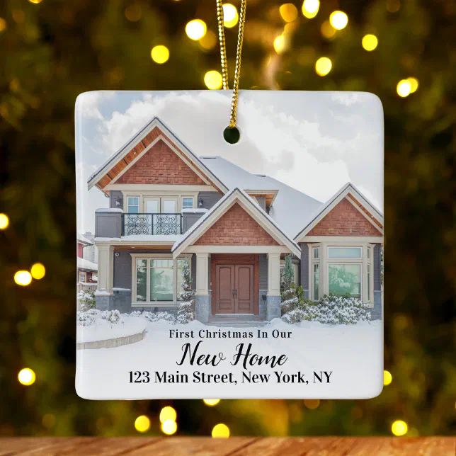 Custom 2 Photo First Christmas New Home Address Ceramic Ornament | Zazzle