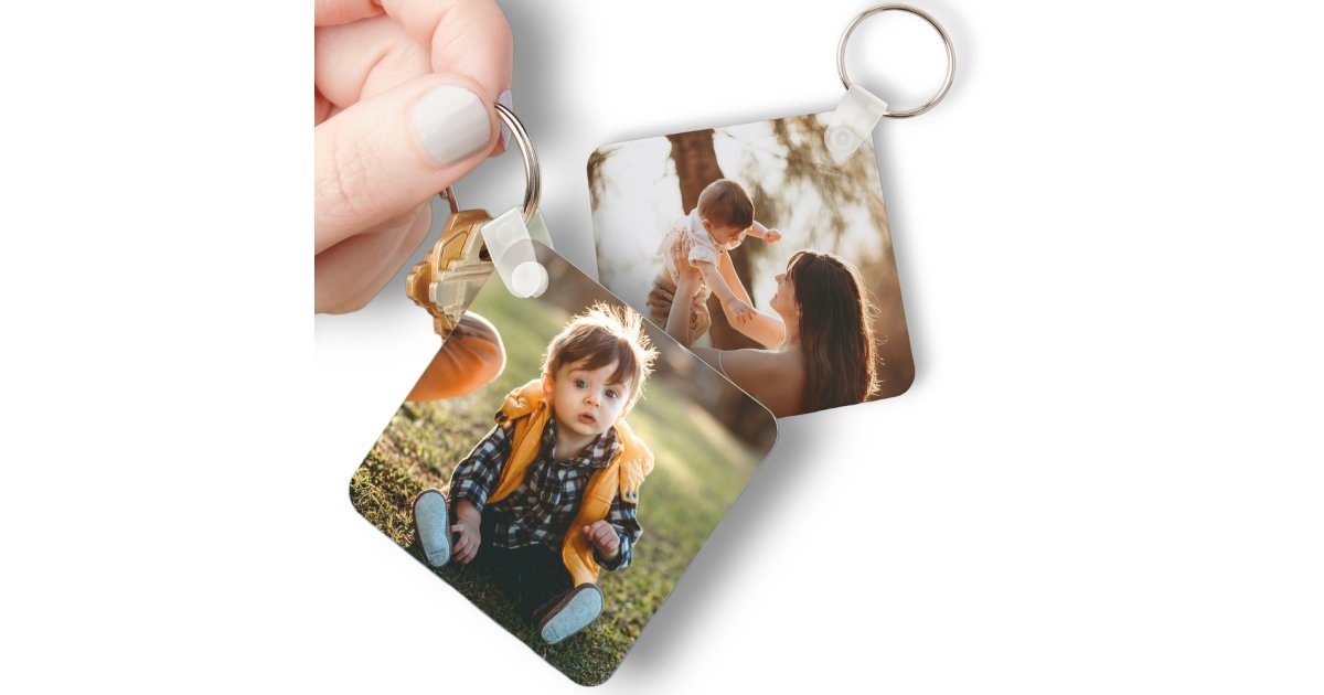 Custom 2 Photo Square Metal Double Sided Keychain | Zazzle