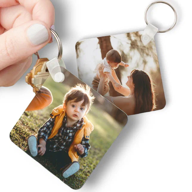 Custom 2 Photo Square Metal Double Sided Keychain | Zazzle
