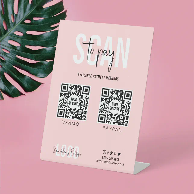 Custom 2 QR Codes Scan to Pay Pink & White Shop Pedestal Sign | Zazzle
