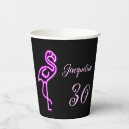 Custom 30th Birthday Retro Neon Pink flamingo Paper Cups | Zazzle