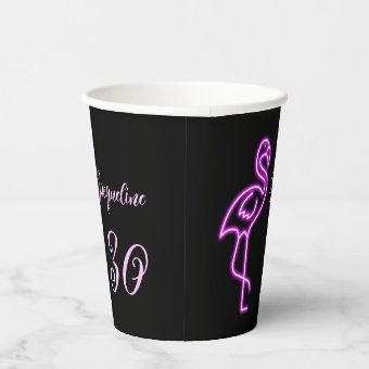 Custom 30th Birthday Retro Neon Pink flamingo Paper Cups | Zazzle
