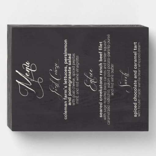Custom 3-Course Menu Template Black Wood Box Sign | Zazzle