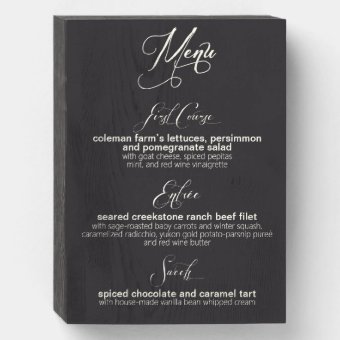Custom 3-Course Menu Template Black Wood Box Sign | Zazzle