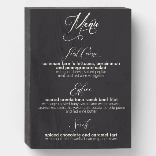 Custom 3-Course Menu Template Black Wood Box Sign | Zazzle