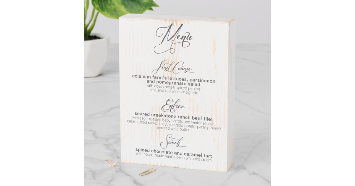 Custom 3-Course Menu Template White Wood Box Sign | Zazzle