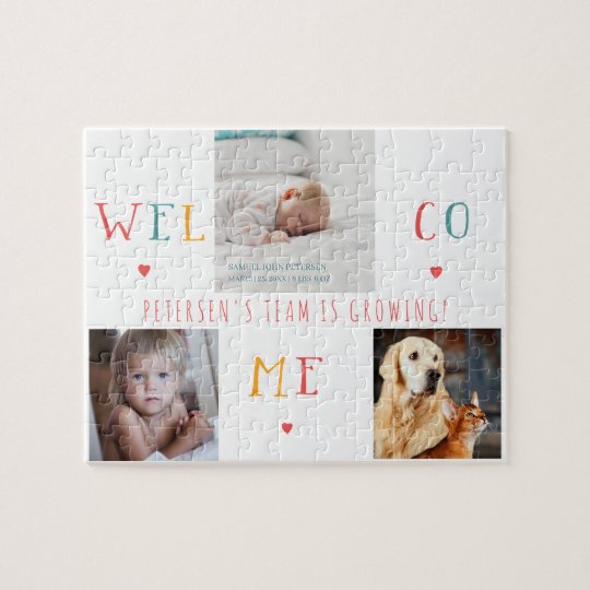 Custom 3 family photo collage WELCOME newborn baby Jigsaw Puzzle ...