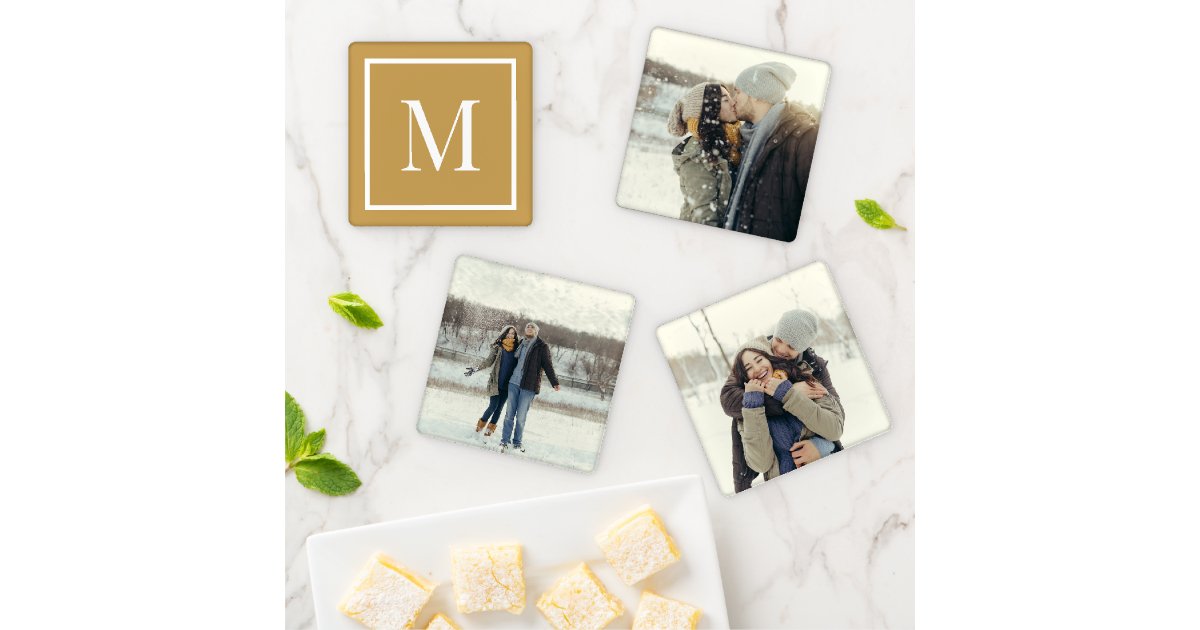 Custom 3 Photo and Monogram Editable Colors Coaster Set | Zazzle