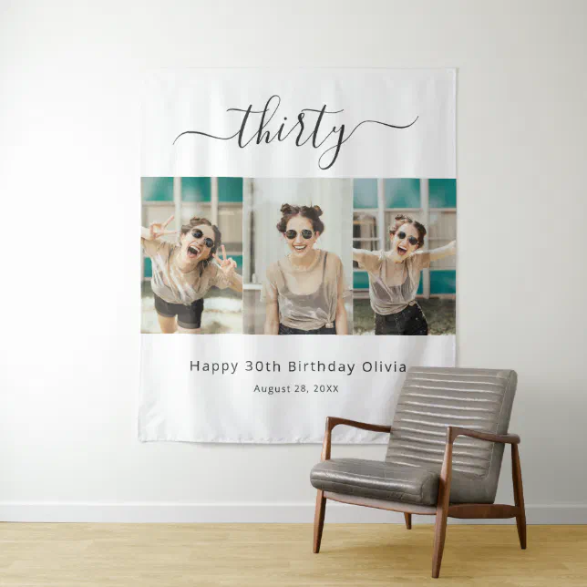 Custom 3 Photo Happy 30th Birthday Tapestry | Zazzle