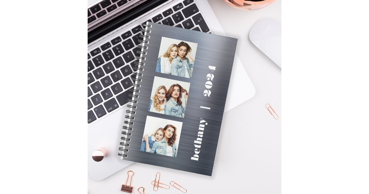 Custom 3-Photo Silver Brushed Metal 2024 Planner | Zazzle