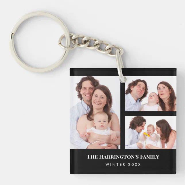 Custom 3 Sections Family Photo Collage Black Frame Keychain | Zazzle