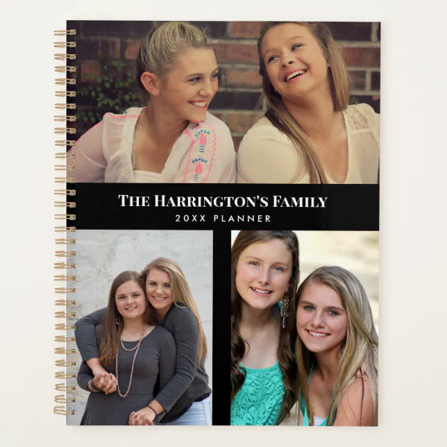 Custom 3 Sections Family Photo Collage Black Frame Planner | Zazzle