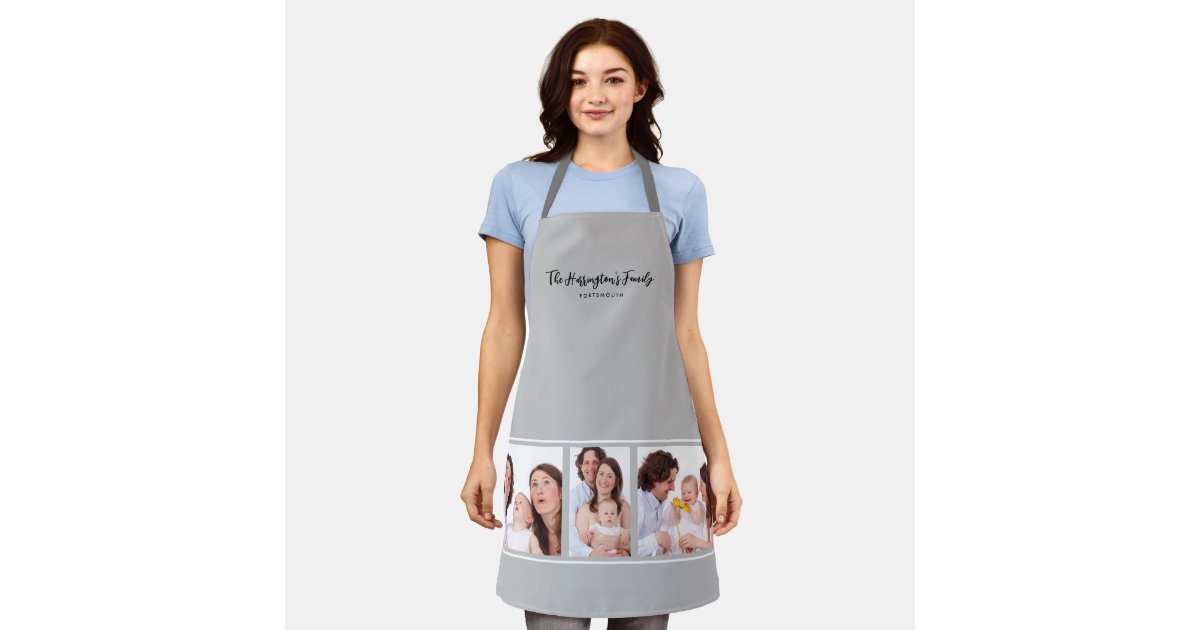 Custom 3 Sections Family Photo Collage Grey Frame Apron | Zazzle