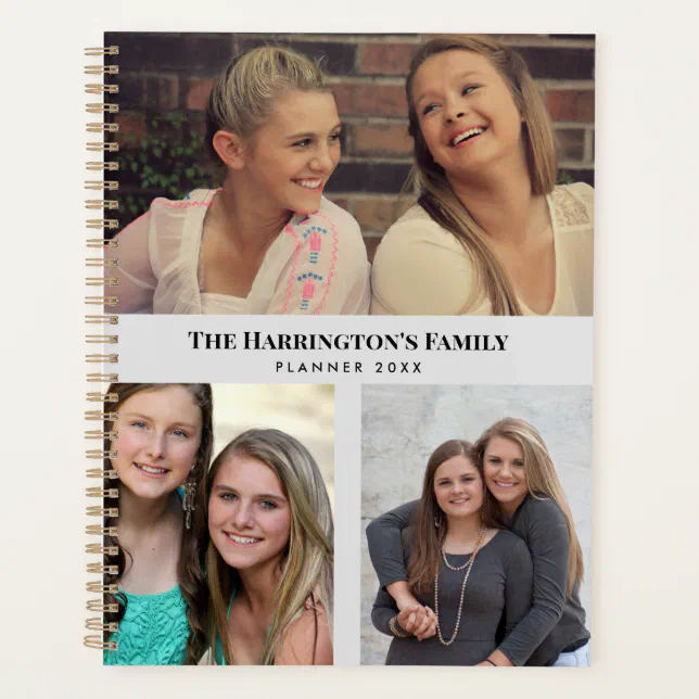 Custom 3 Sections Family Photos Collage Gray Frame Planner | Zazzle